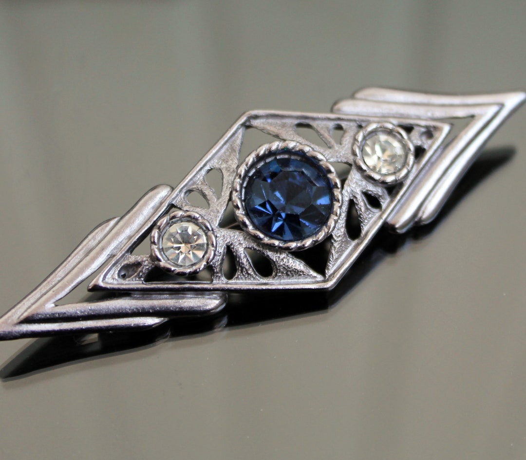 Vintage Rhombus Rhinestone Blue Topaz Brooch Silver Tone Art Deco Bar ...