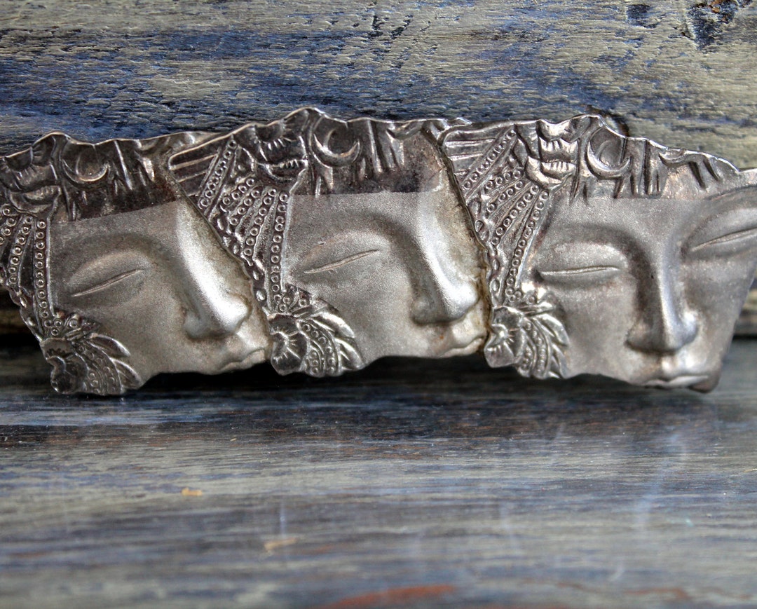 Vintage Three Faces Buddha Extra Large Brooch Costume Jewelry Pewter ...