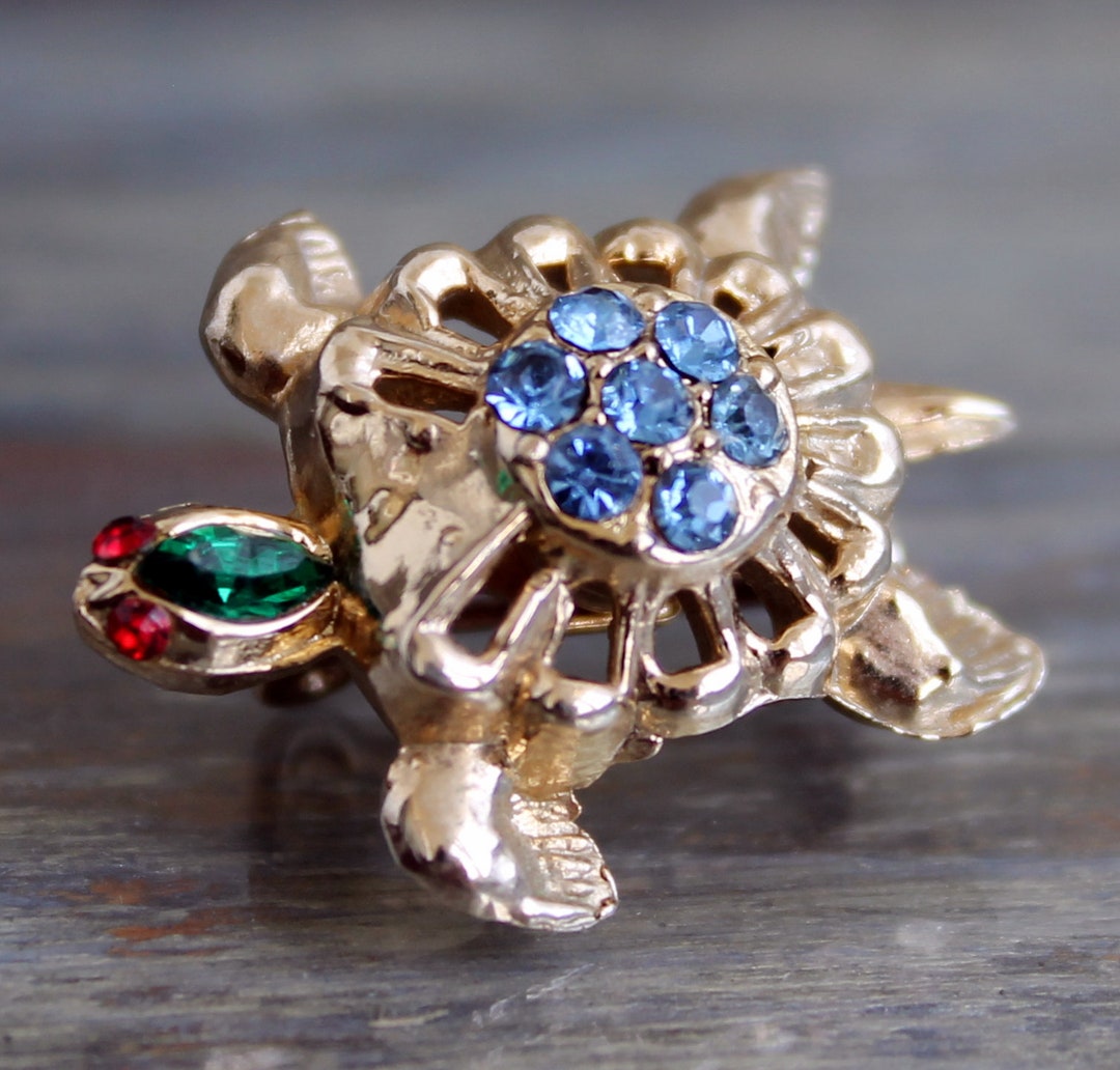 Vintage Rare Coro 50s Rhinestone Turtle Brooch Tortoise Pin Gold Tone ...