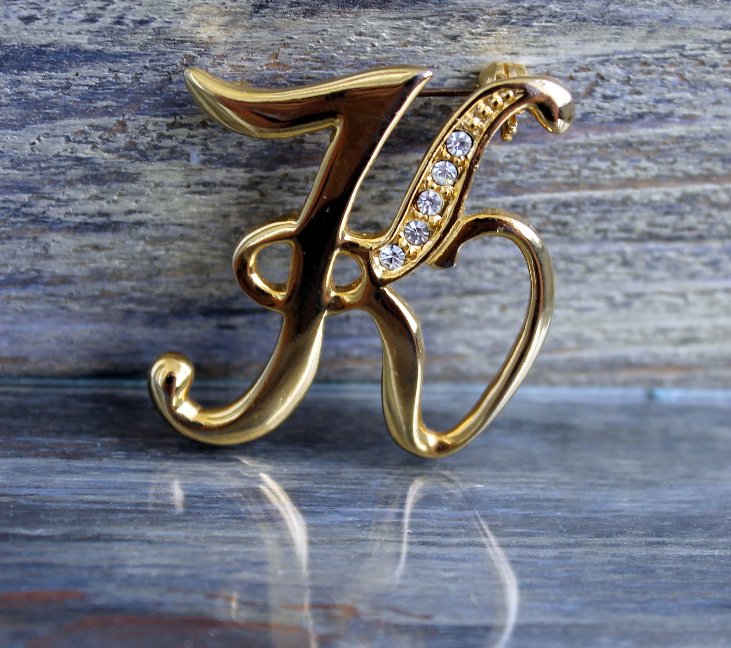 Vintage Letter K Rhinestone Initial Brooch Pin Gold Tone Costume ...