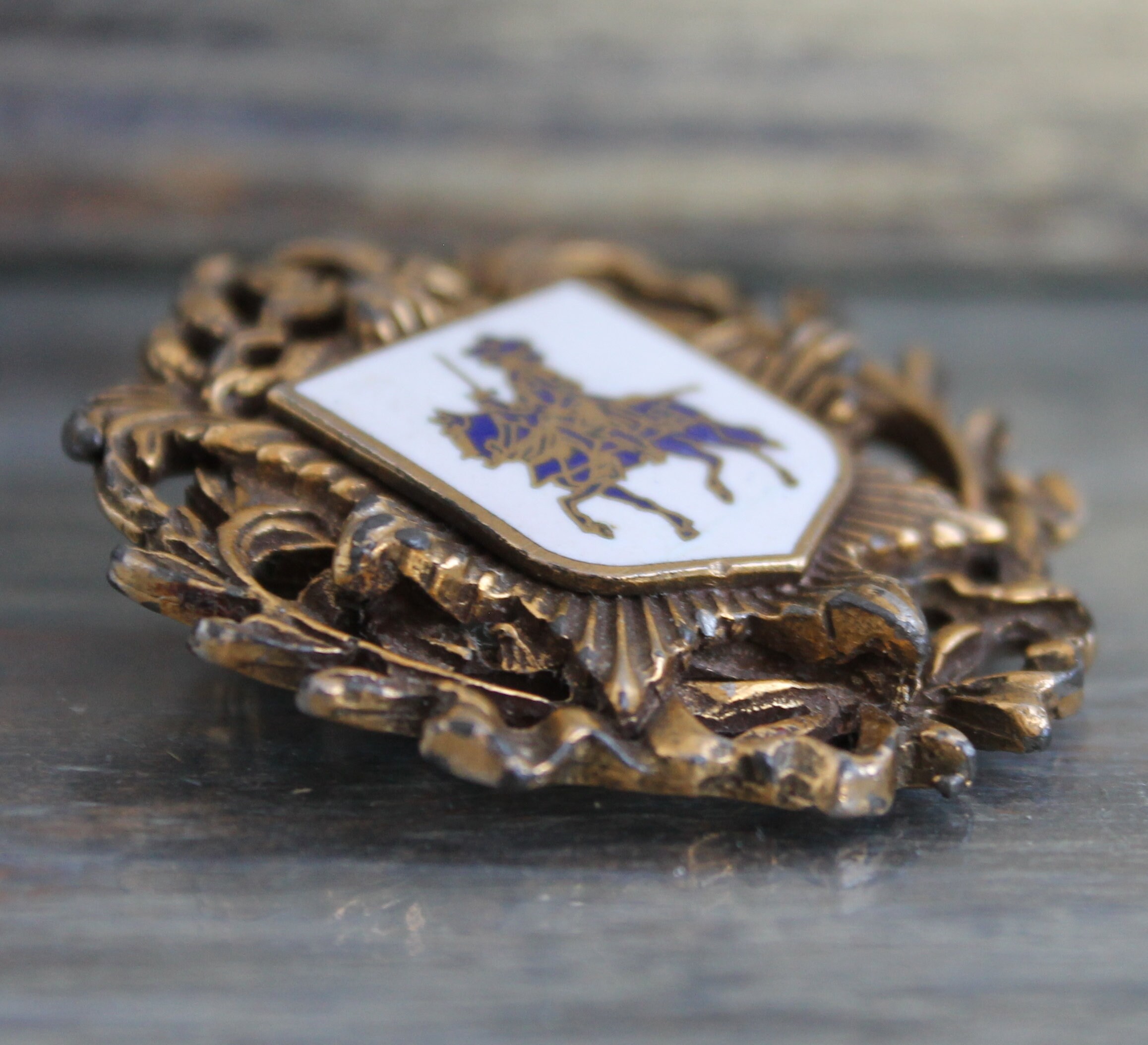 Vintage Coat of Arms Brooch Family Crest Shield Pin With Rider on ...