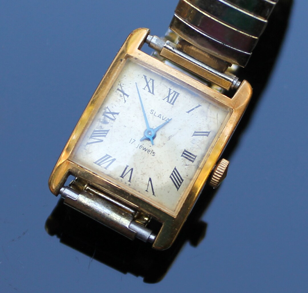 Vintage Square Automatic Watch SLAVA Gold Tone 1970's USSR Mechanical ...