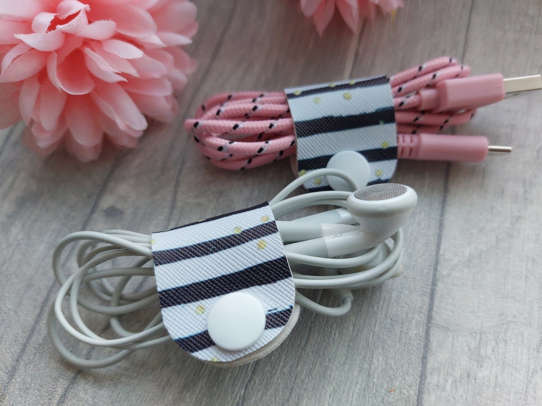 2 X Black and White Striped Cable Tidies Cable Organisers Headphone ...