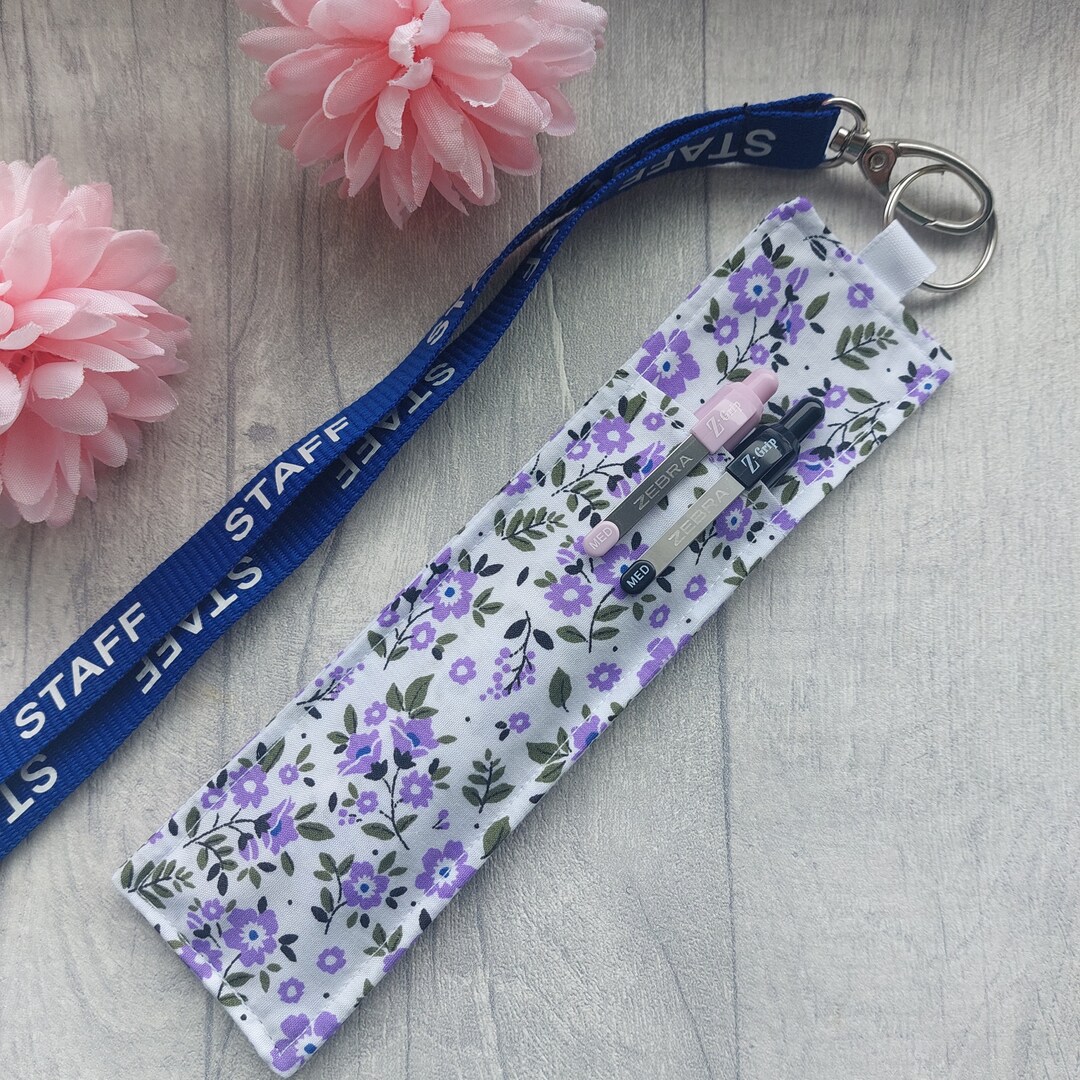 Purple Flowers Fabric Pen Holder for Lanyards Holds 1 or 2 Pens or ...