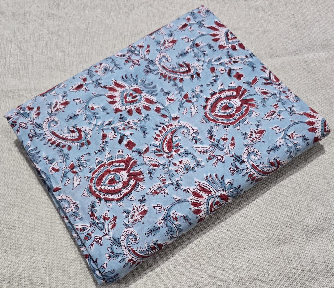 Light Blue & Red Indian Hand Block Print Fabric, Floral Paisley Printed ...