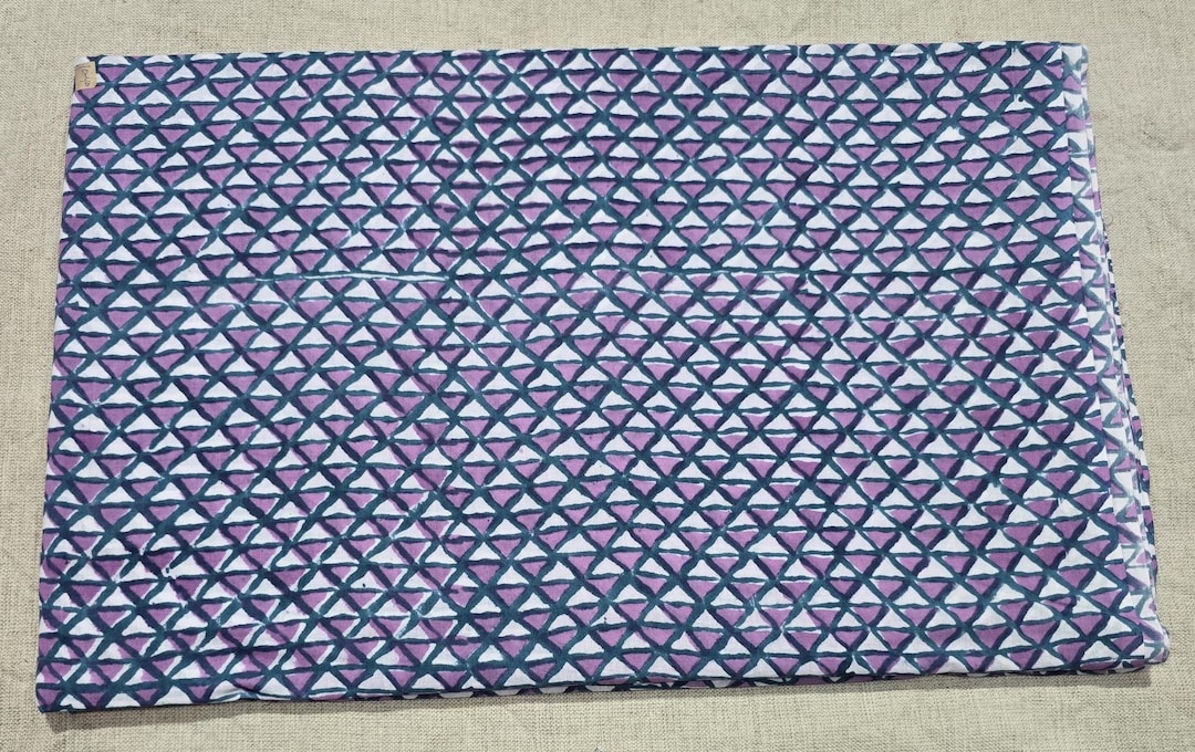 Purple & Teal Triangle Print Fabric, Hand Block Printed Cotton, Natural ...