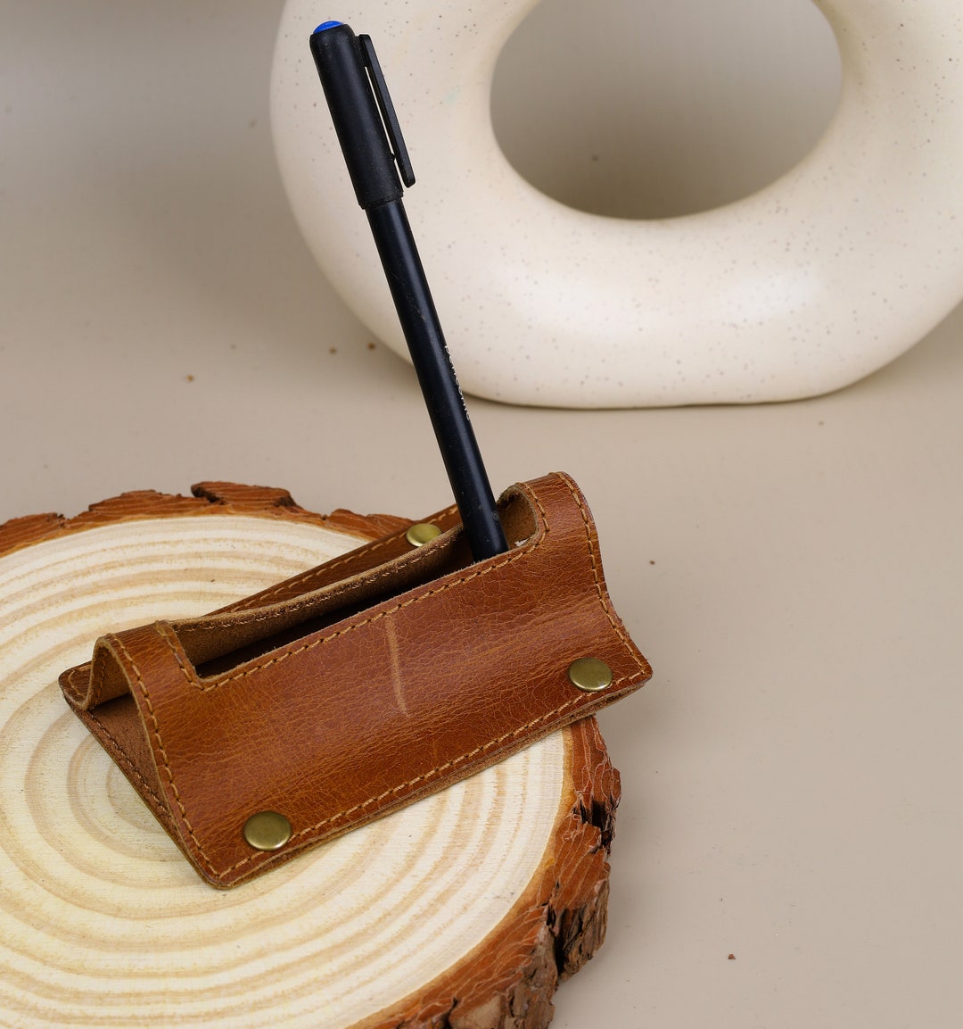 Handmade Leather Pen Holder Stand for Desk | Pen Cup, Pencil Case ...