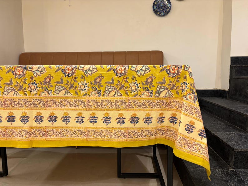Hand Block Printed Cotton Tablecloth, Boho Floral Design, Yellow White ...
