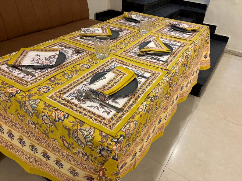 Hand Block Printed Cotton Tablecloth, Boho Floral Design, Yellow White ...