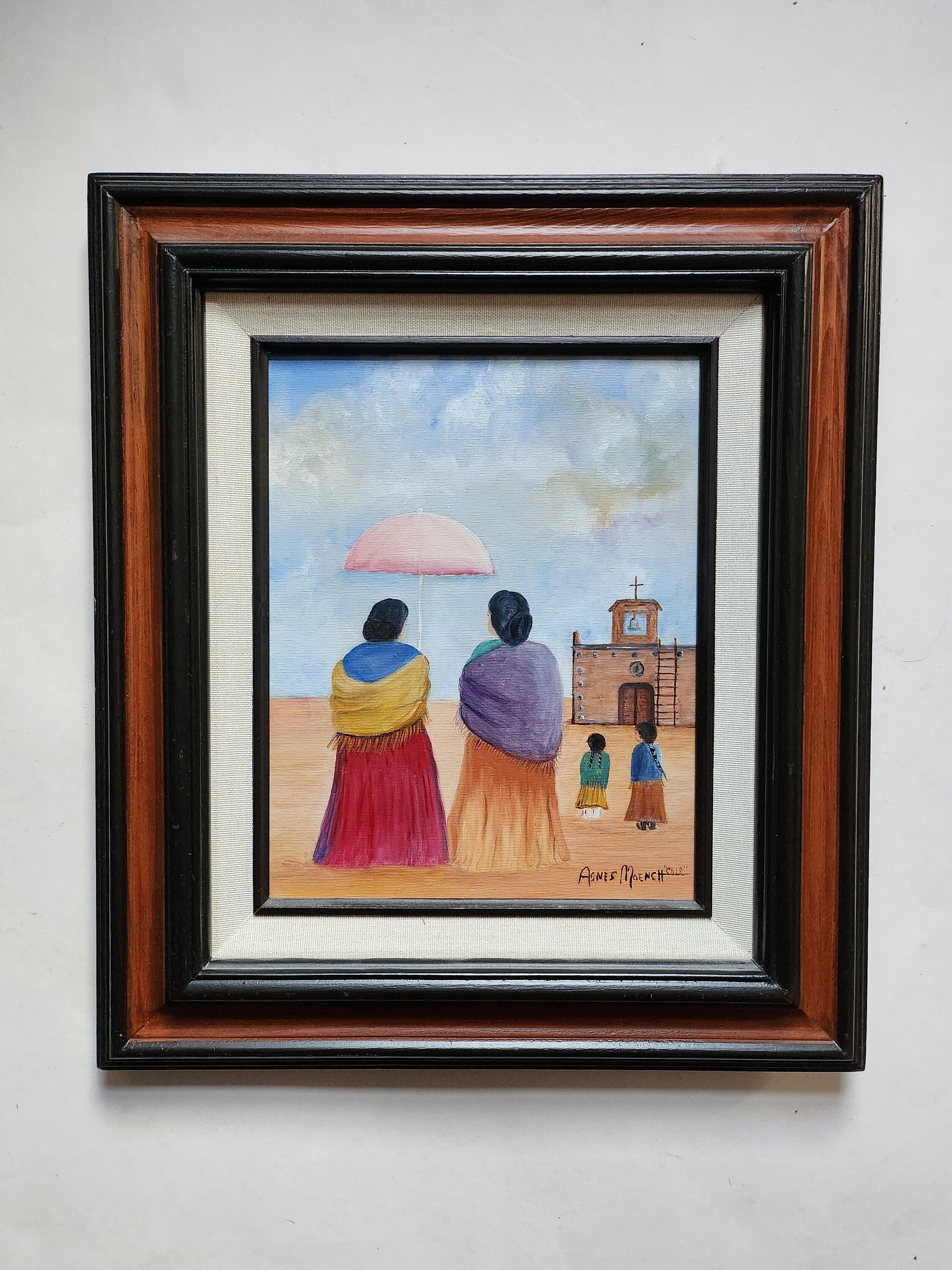Original Framed Painting Pueblo Scene, Navajo Desert Mission, Folk Art ...