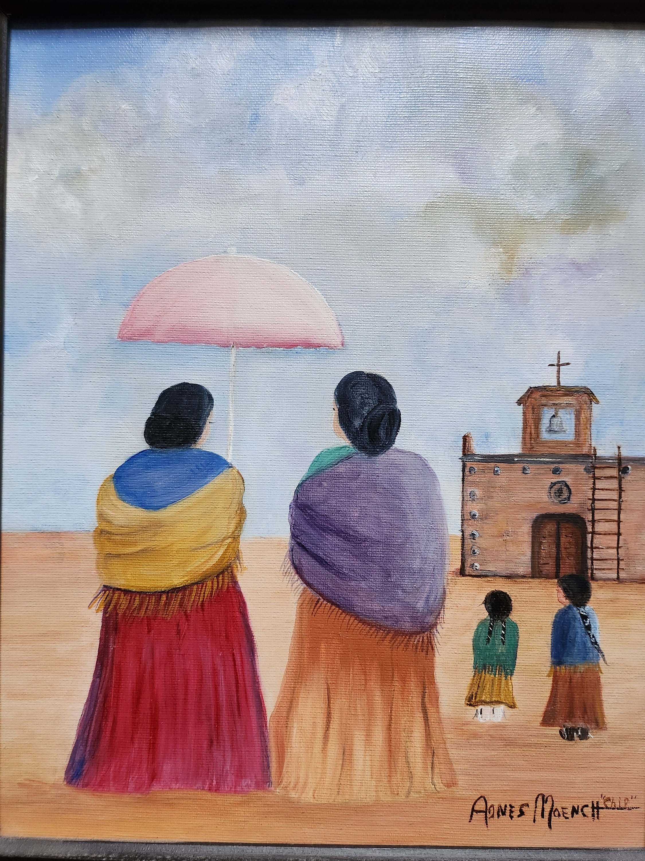 Original Framed Painting Pueblo Scene, Navajo Desert Mission, Folk Art ...