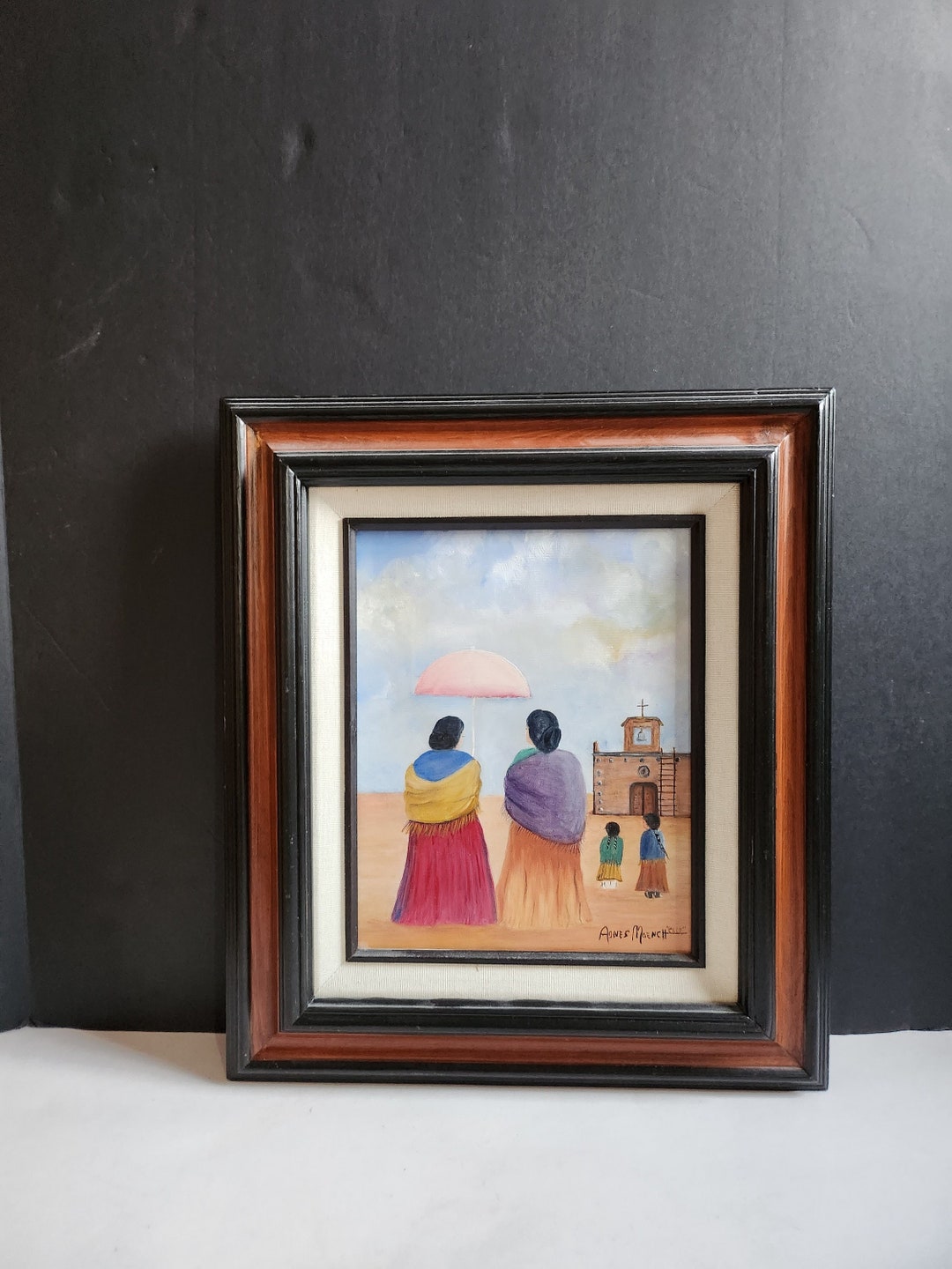 Original Framed Painting Pueblo Scene, Navajo Desert Mission, Folk Art ...