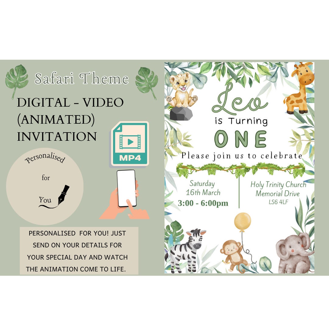Safari Themed Animal Theme Digital Birthday Invitation Animated MP4 ...