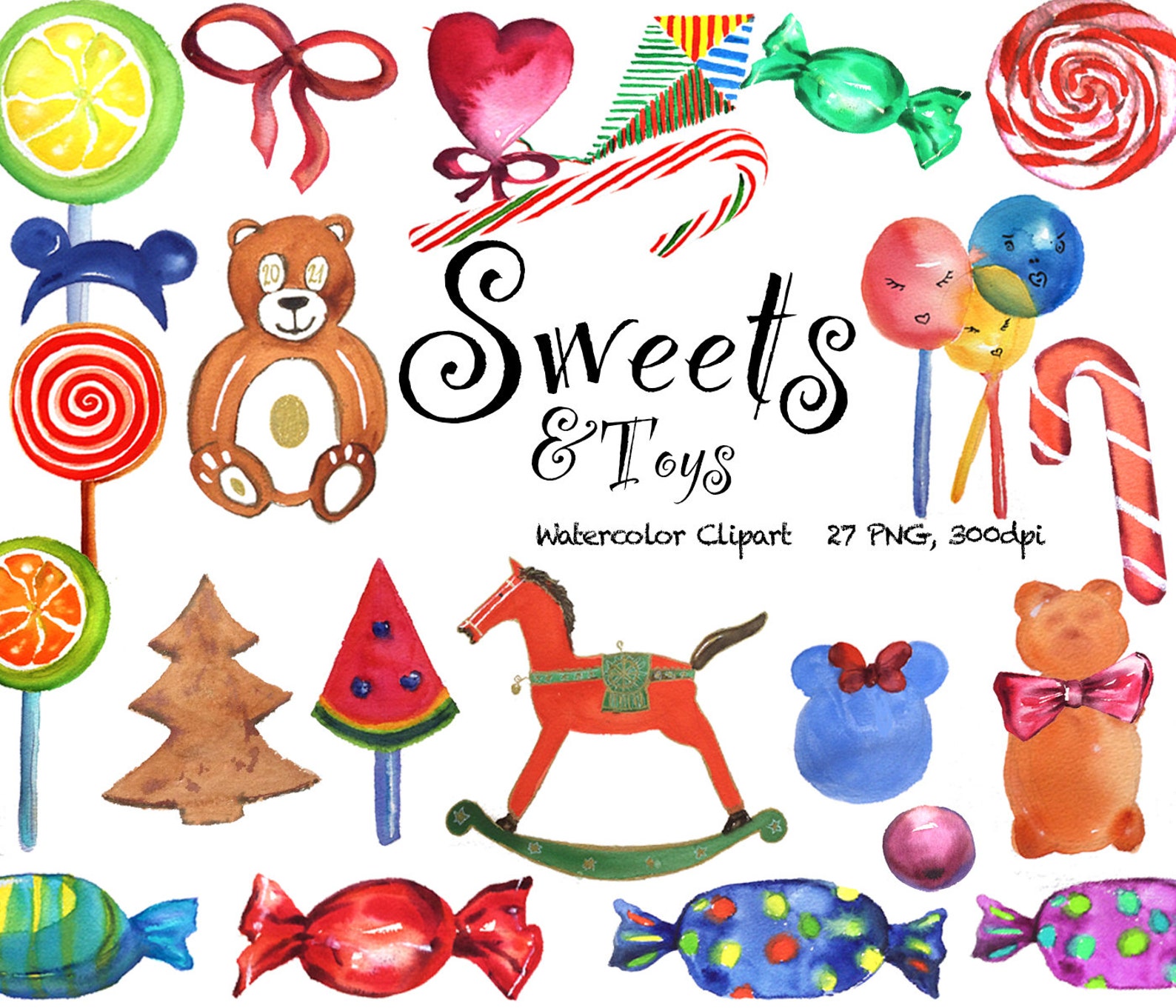 Watercolor Sweets Clipart, Toys Clipart, Commercial Use, Treat Clipart ...
