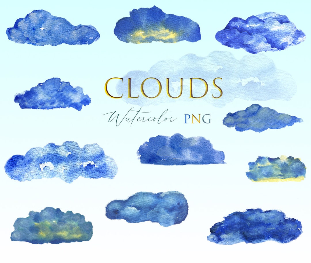 Watercolor Clouds Clipart, Weather Graphic, Realistic Blue Clouds, Sky ...