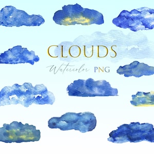 Watercolor Clouds Clipart, Weather Graphic, Realistic Blue Clouds, Sky ...