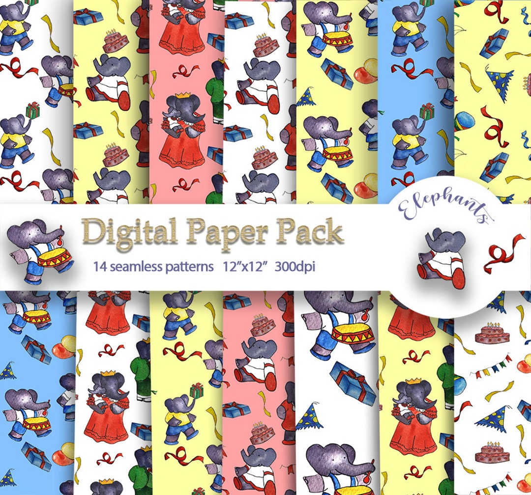 Elephant Digital Paper, Babar Watercolor, Home Decor, Baby Shower Gift ...