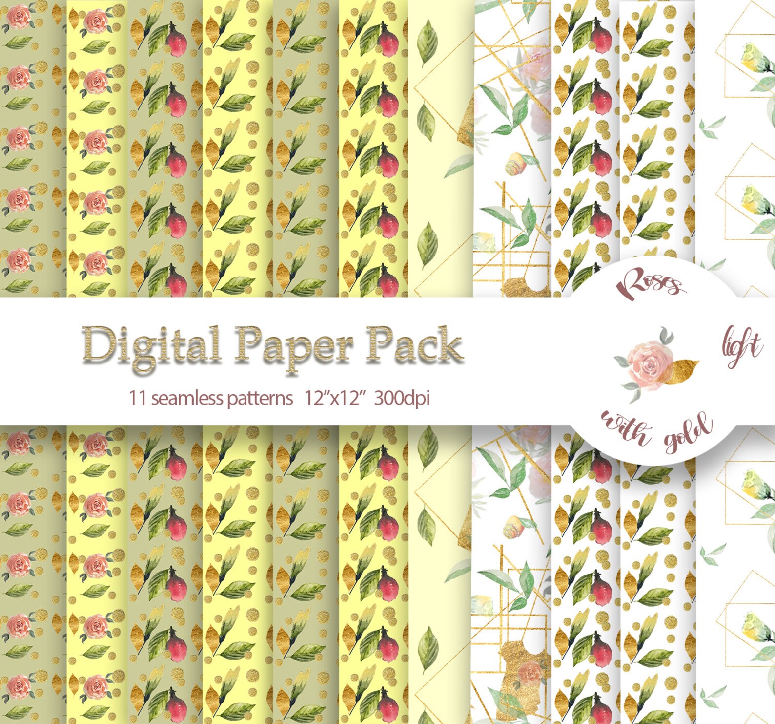 Pink and Gold Roses Digital Paper Watercolor Roses Digital | Etsy