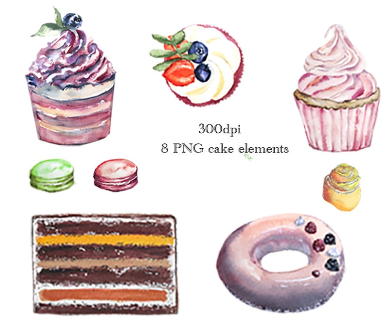 Cake Clipart, Watercolor Clipart, Cupcake Clipart, Sweets Clipart ...
