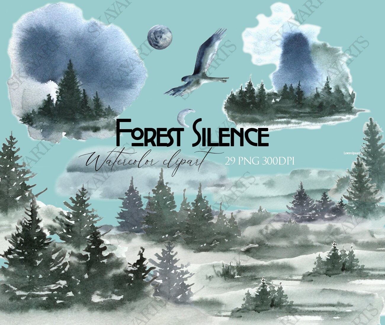 Watercolor Forest Clipart, Landscape Digital Print, Woodland Pine Trees ...