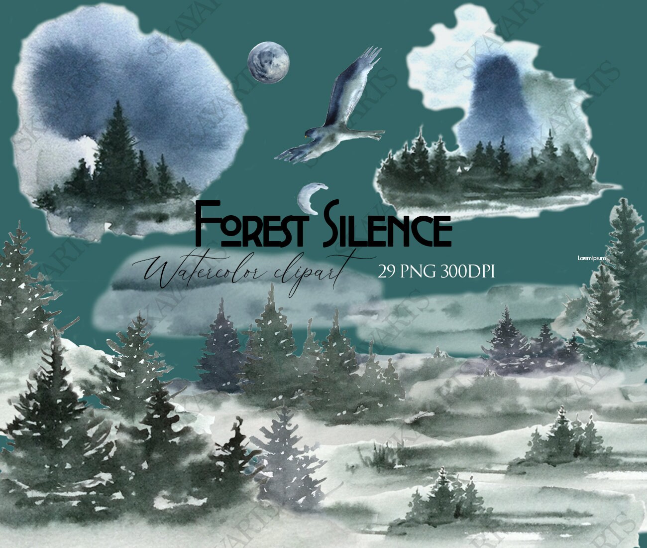 Watercolor Forest Clipart, Landscape Digital Print, Woodland Pine Trees ...