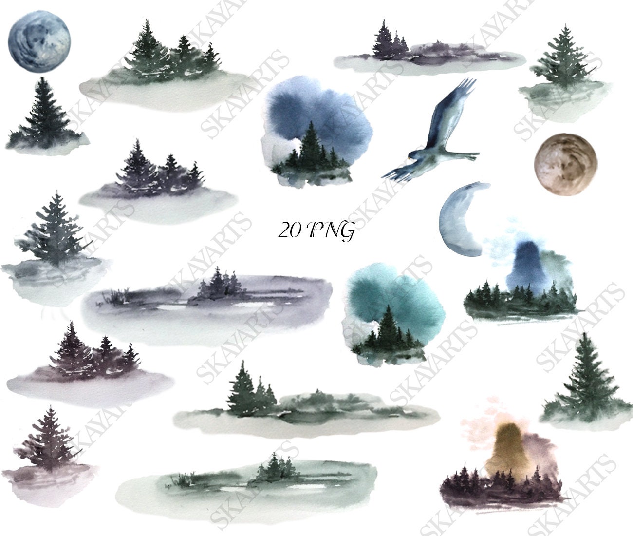 Watercolor Forest Clipart, Landscape Digital Print, Woodland Pine Trees ...