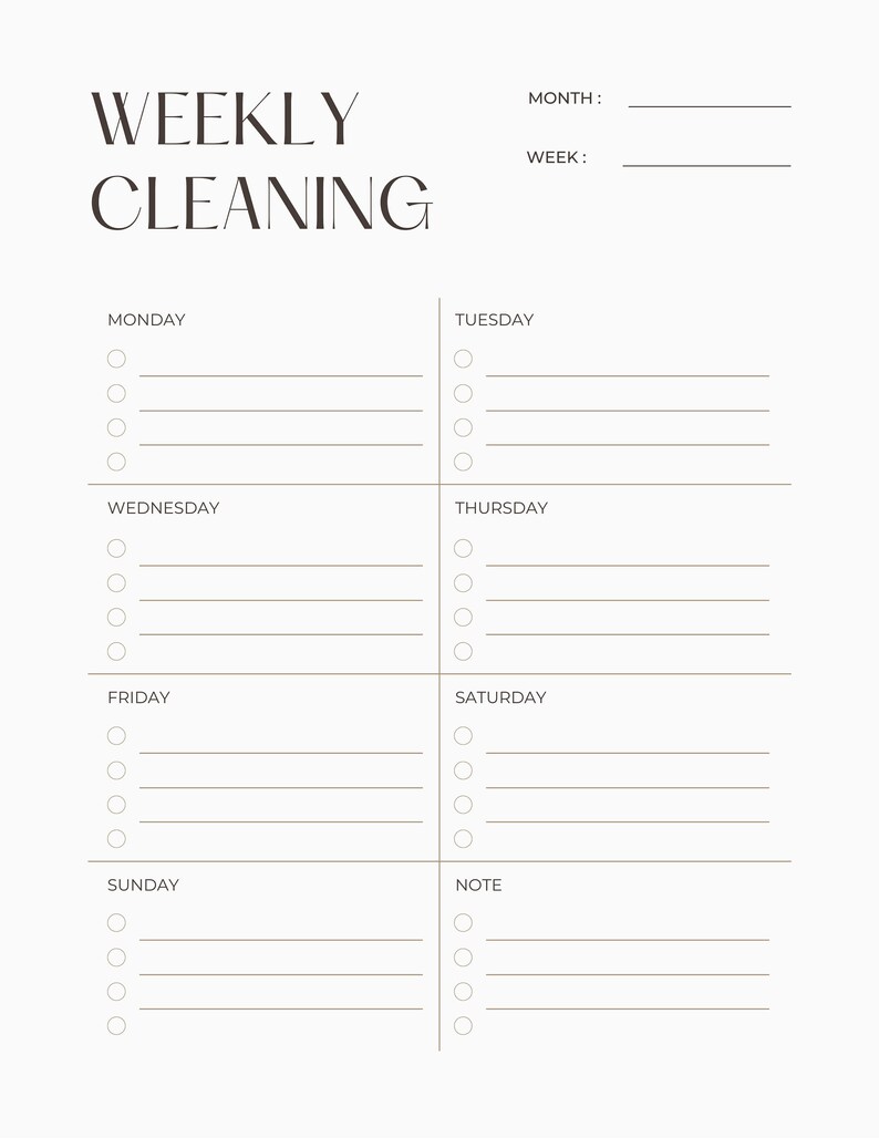 Minimalist Weekly Cleaning Planner for Organization and Productivity - Etsy