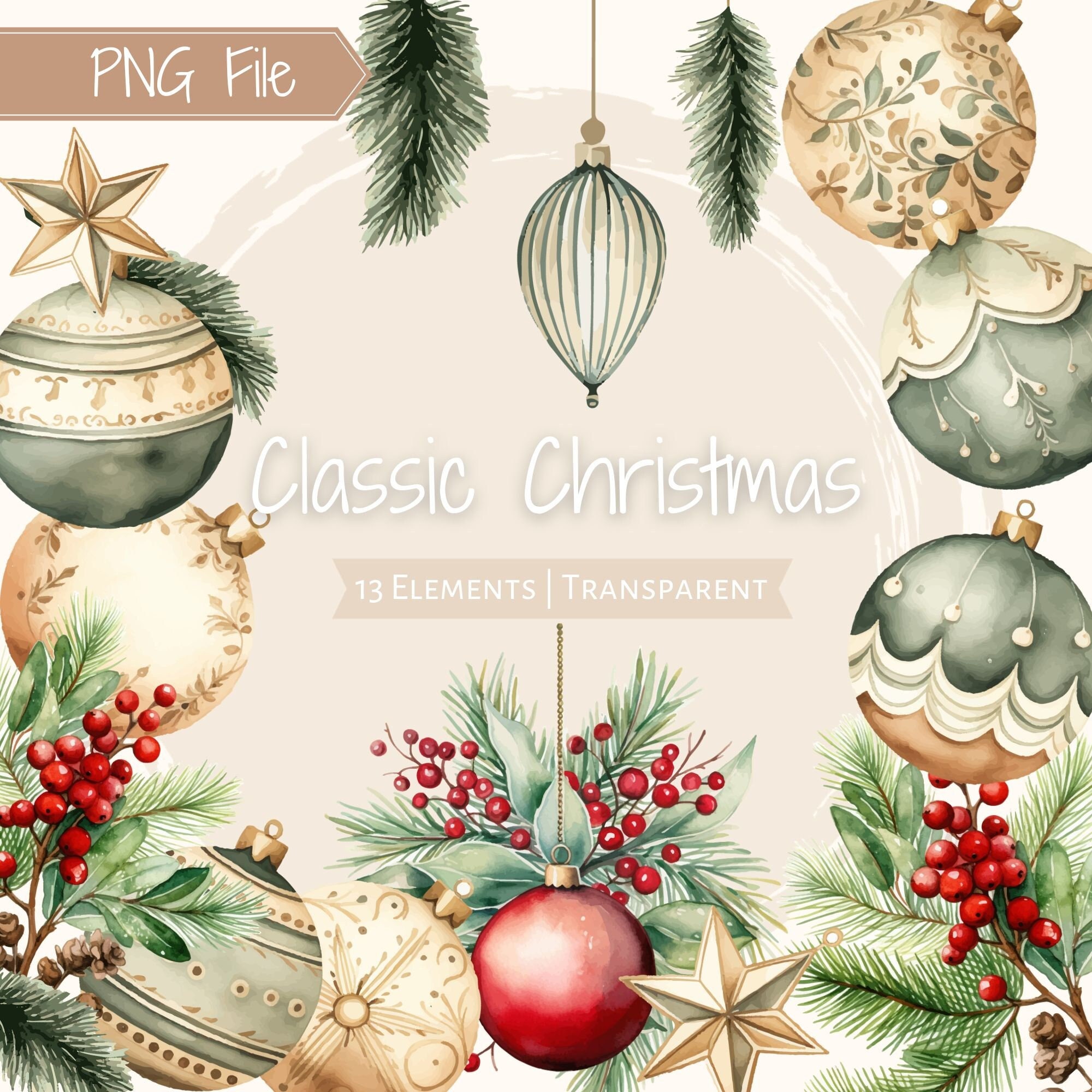 Christmas Watercolor Clipart PNG Elements Scrapbooking Digital ...