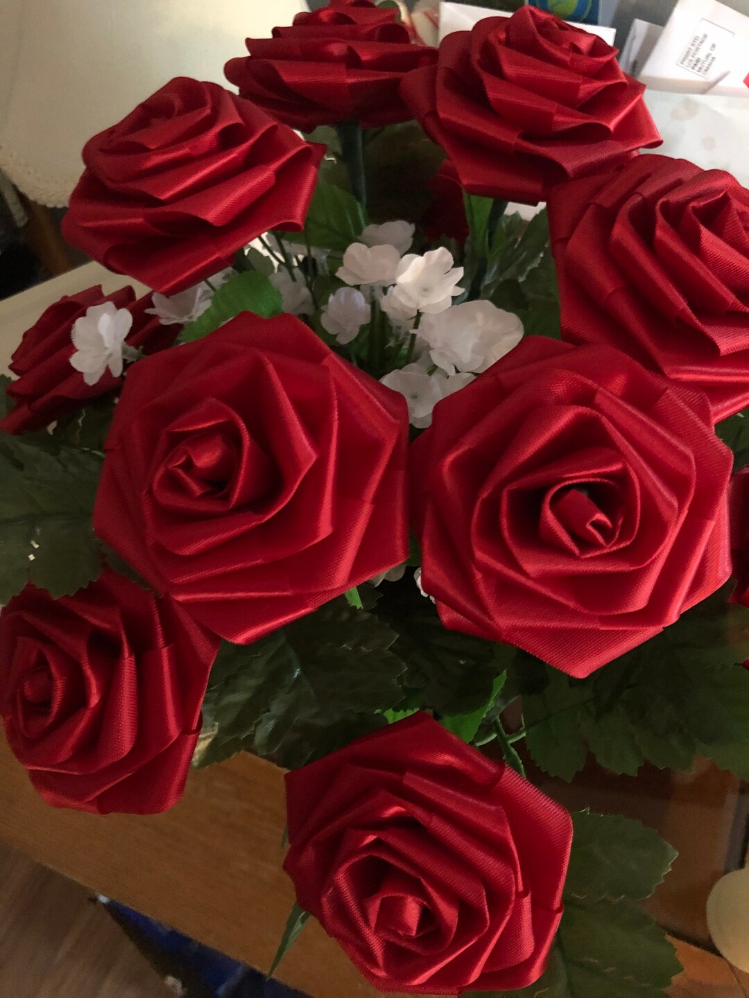 12 Red Satin Roses With Vase - Etsy