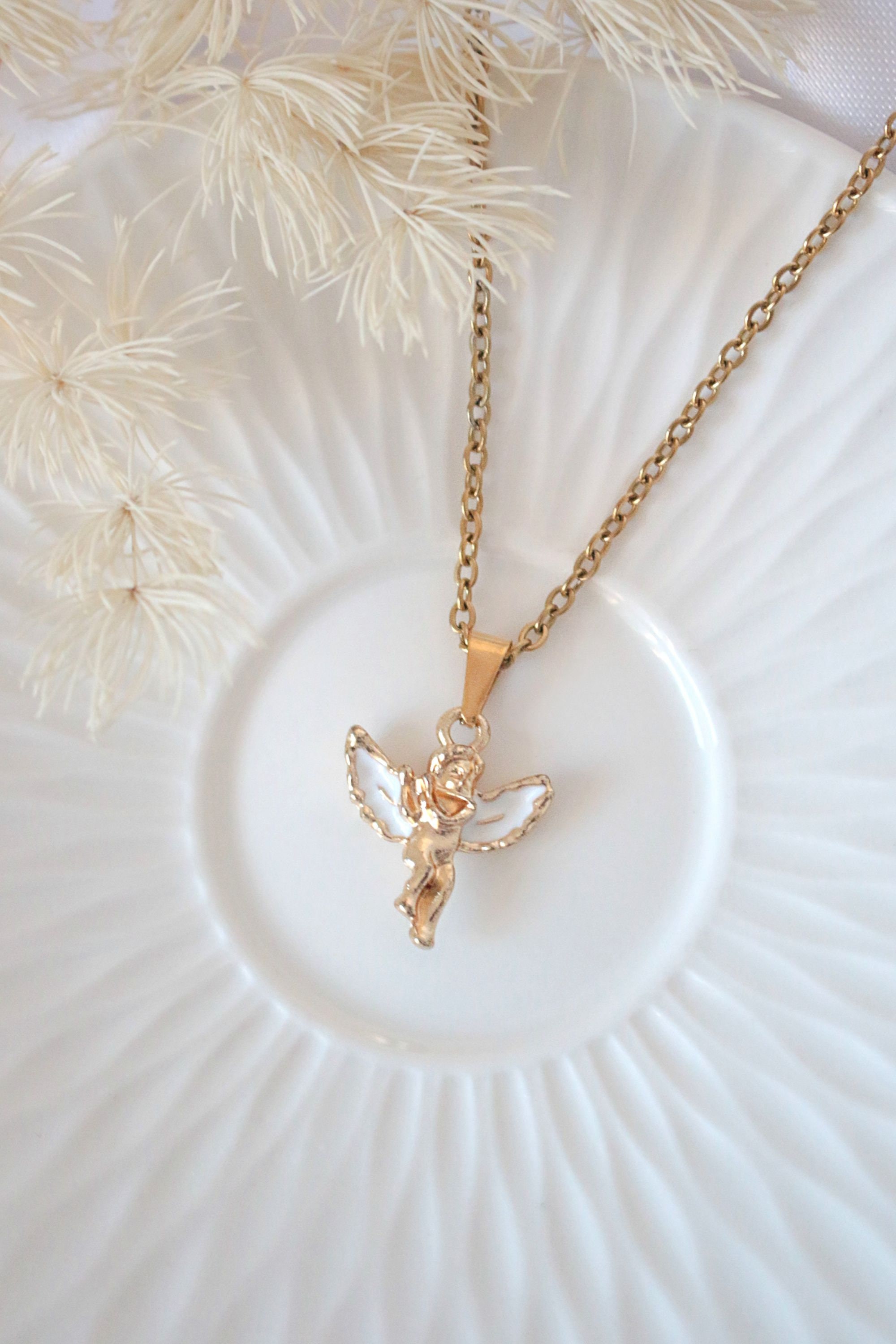 24K Gold Plated Chain Necklace With Angel/ Cherub/ Cupid Charm, Angel ...