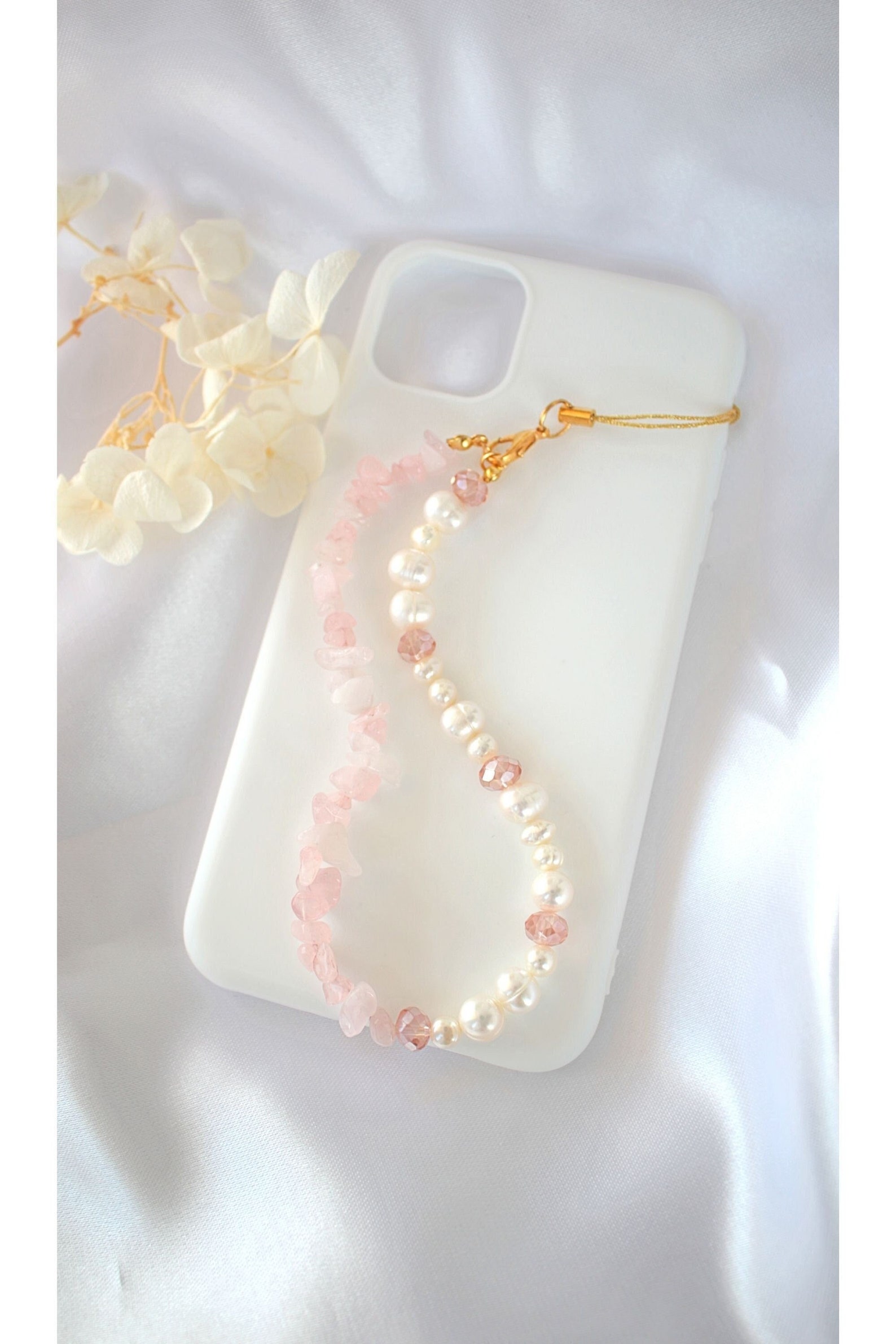 Crystal Phone Charm Rose Quartz Phone Chain Pink Gemstone Phone Strap ...