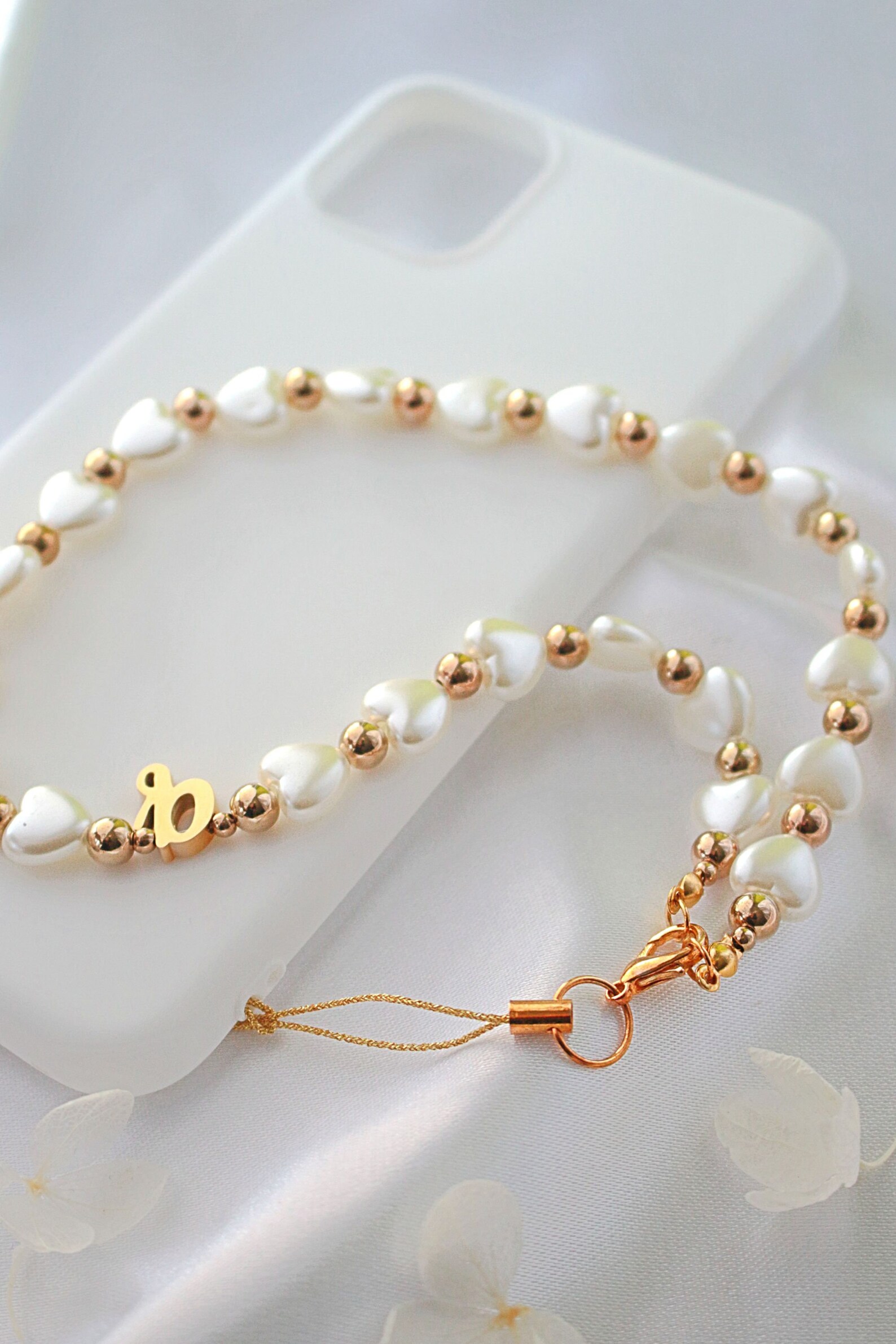 24K Gold Chain Phone Charm-heart Pearl Beaded Phone Strap-iphone ...