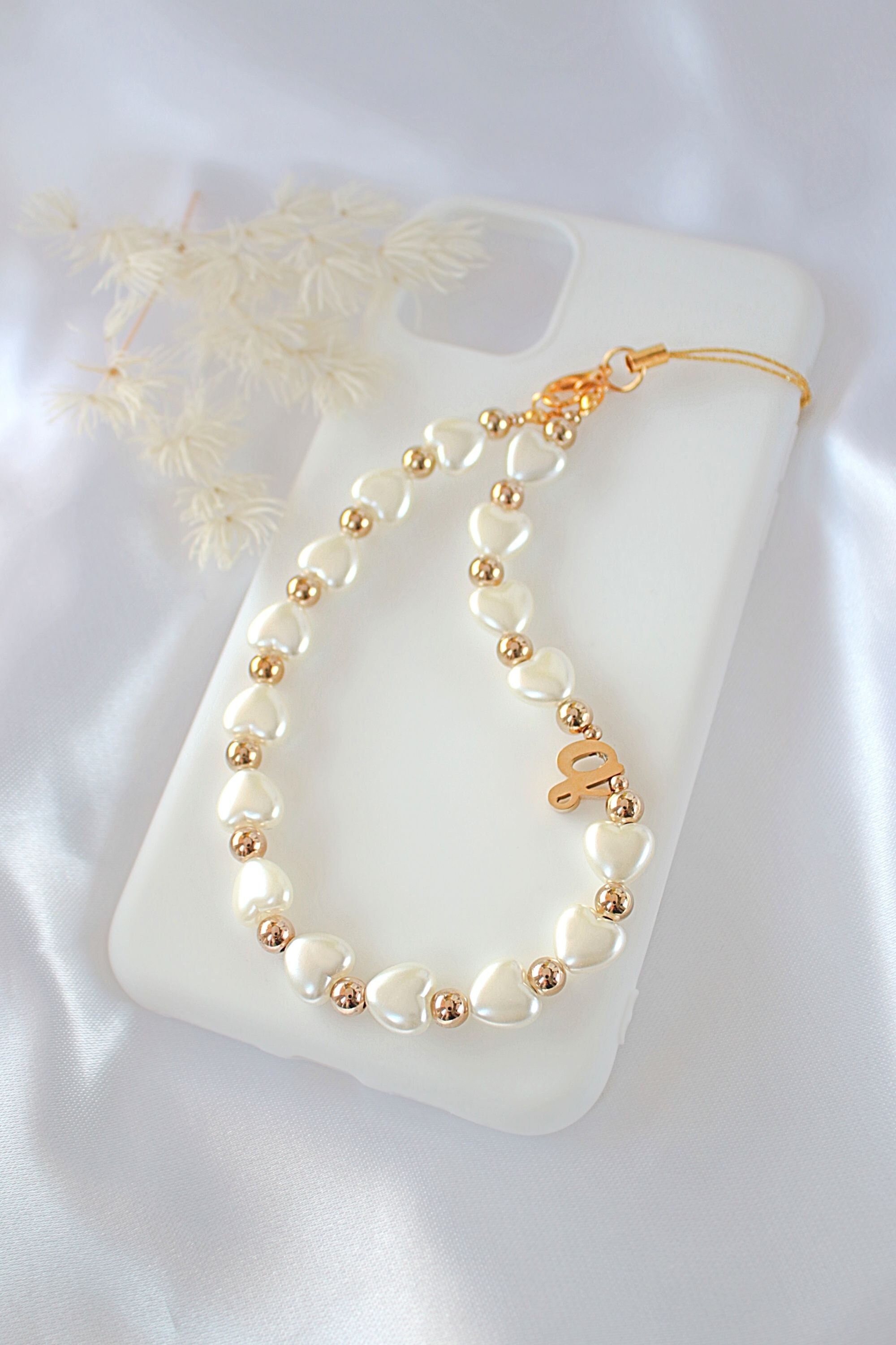 24K Gold Chain Phone Charm-heart Pearl Beaded Phone Strap-iphone ...