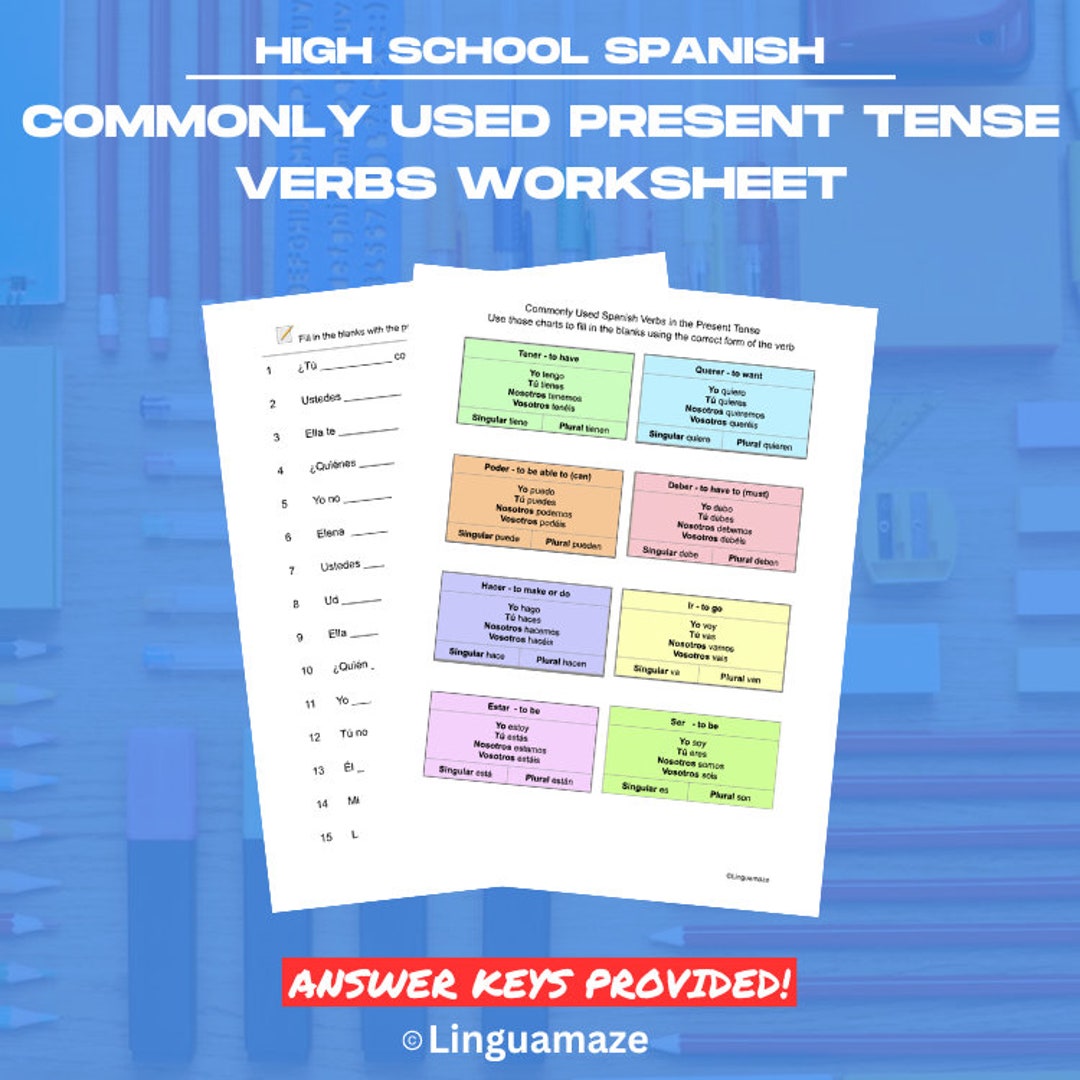 Spanish Commonly Used Present Tense Verbs Worksheets - Etsy