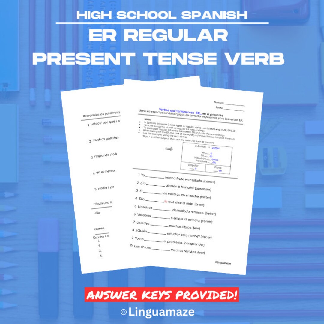 Spanish ER Regular Present Tense Verbs Worksheets - Etsy
