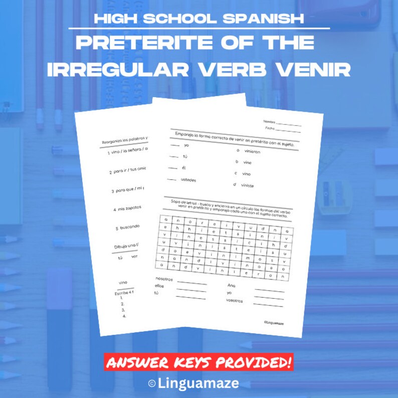 Spanish Venir in the Preterite Tense Irregular Verbs Worksheets - Etsy