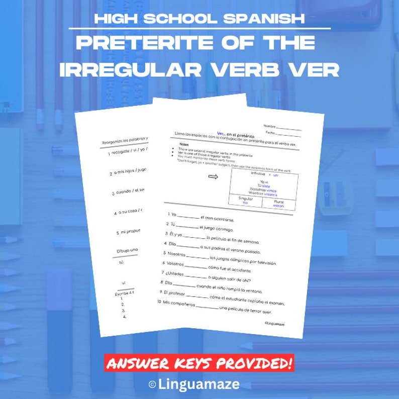 Spanish Ver in the Preterite Tense Irregular Verbs Worksheets - Etsy