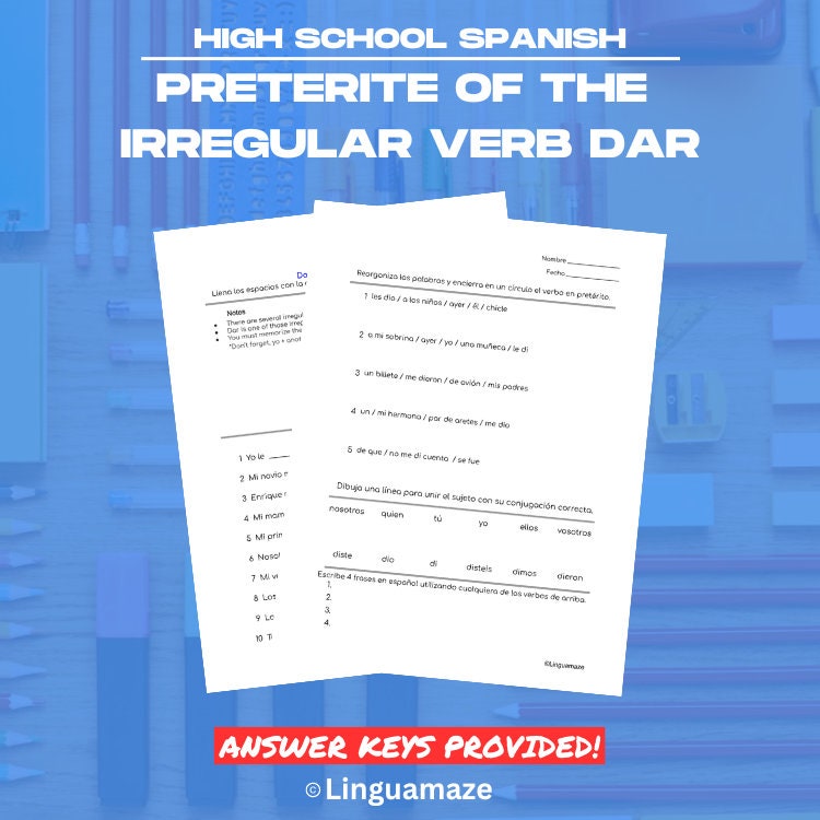 Spanish Dar in the Preterite Tense Irregular Verbs Worksheets - Etsy