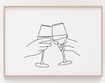 Wine Fine Line Art, Drinks Artwork Print, Cheers, Kitchen Bar Prints ...