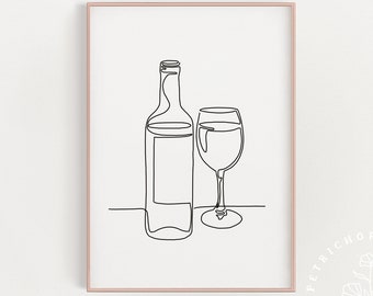 Wine Fine Line Art, Drinks Artwork Print, Cheers, Kitchen Bar Prints ...