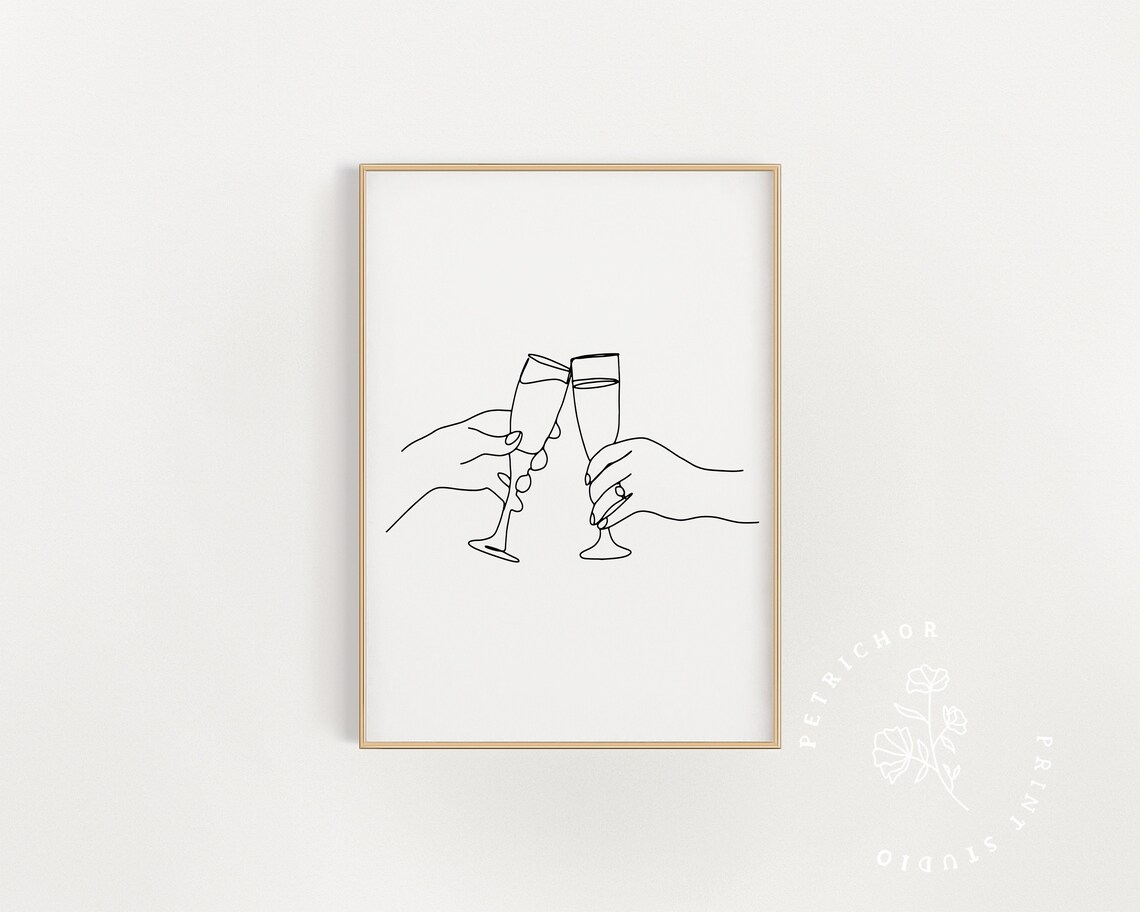 Wine Fine Line Art, Drinks Artwork Print, Cheers, Kitchen Bar Prints ...