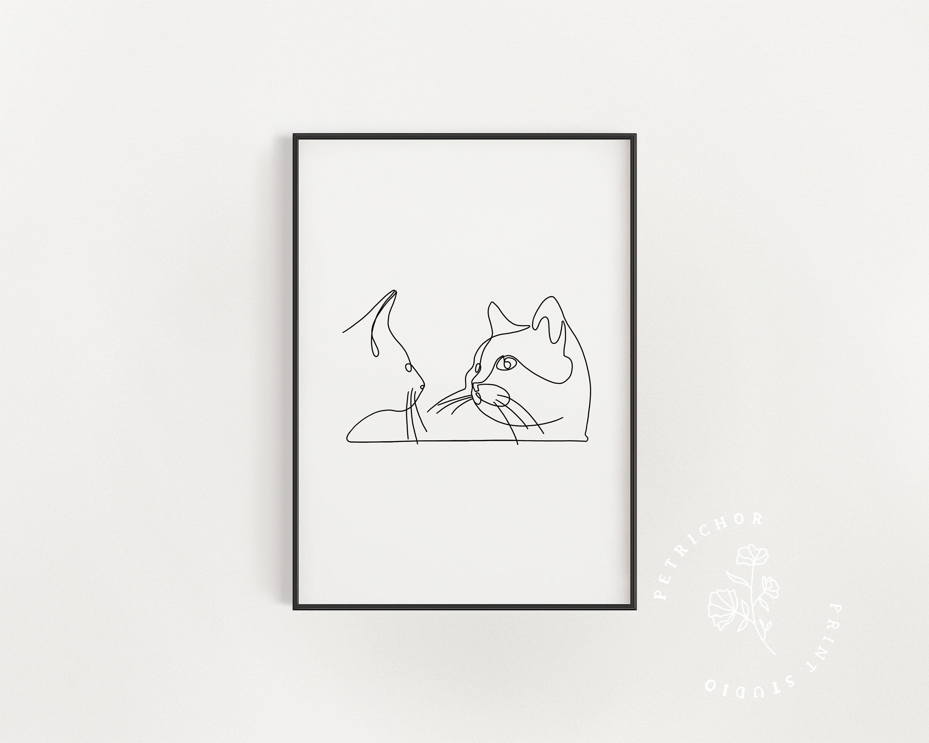 Cats Line Drawing, Cats Wall Art, Two Cats Silhouettes, Single Line ...