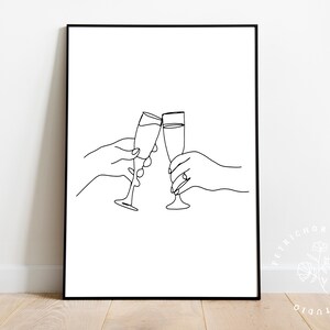 Wine Fine Line Art, Drinks Artwork Print, Cheers, Kitchen Bar Prints ...