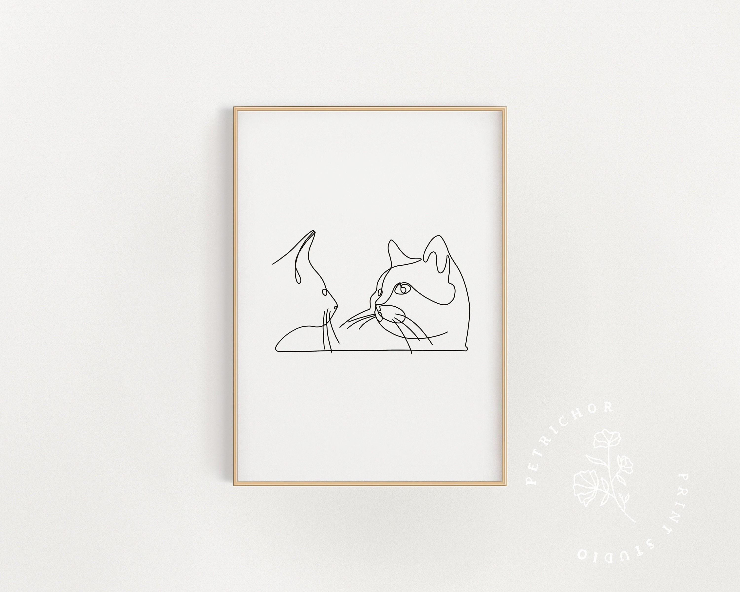 Cats Line Drawing, Cats Wall Art, Two Cats Silhouettes, Single Line ...