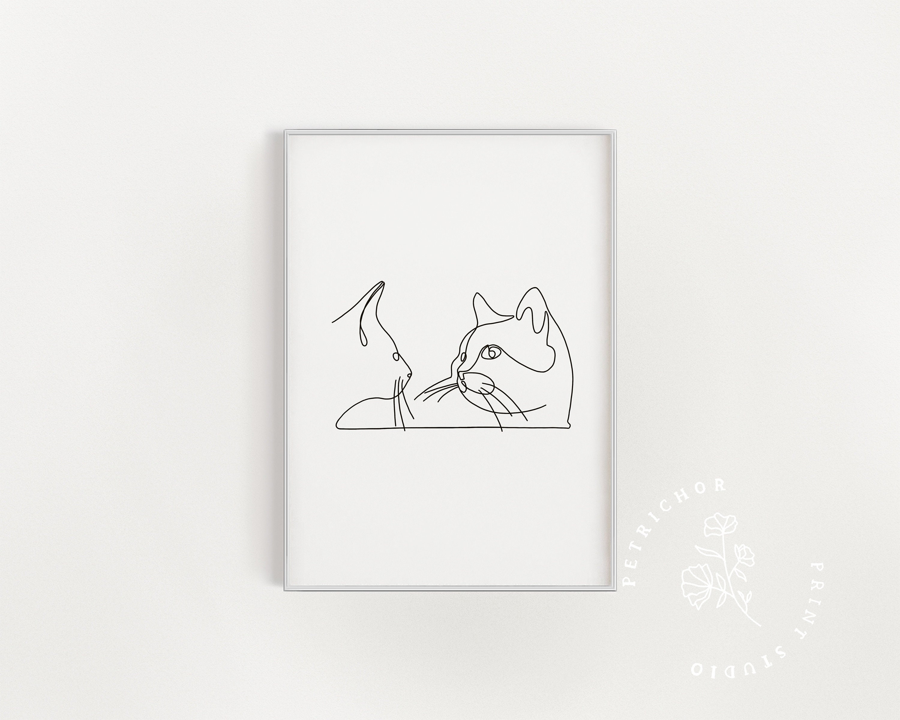 Cats Line Drawing, Cats Wall Art, Two Cats Silhouettes, Single Line ...