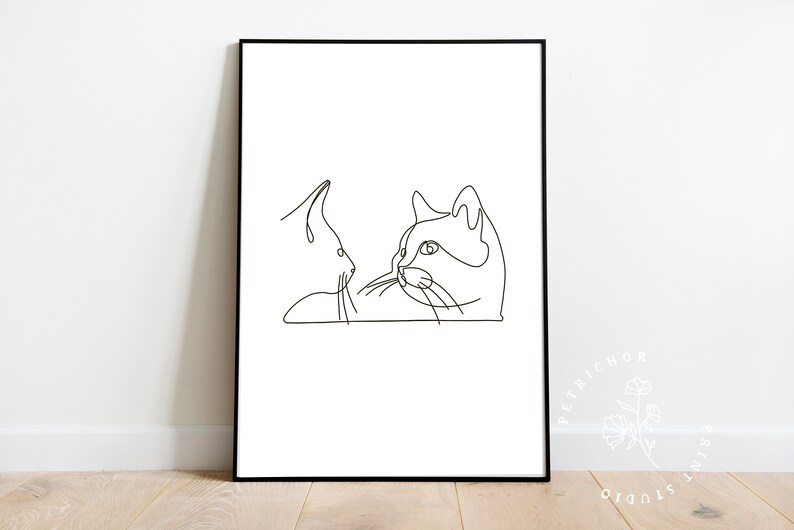 Cats Line Drawing, Cats Wall Art, Two Cats Silhouettes, Single Line ...