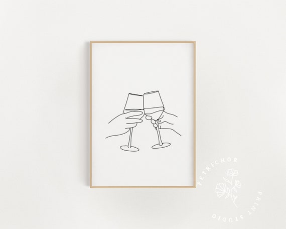 Wine Fine Line Art Drinks Artwork Print Cheers Kitchen Bar | Etsy