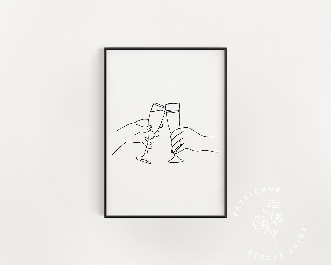 Wine Fine Line Art, Drinks Artwork Print, Cheers, Kitchen Bar Prints ...