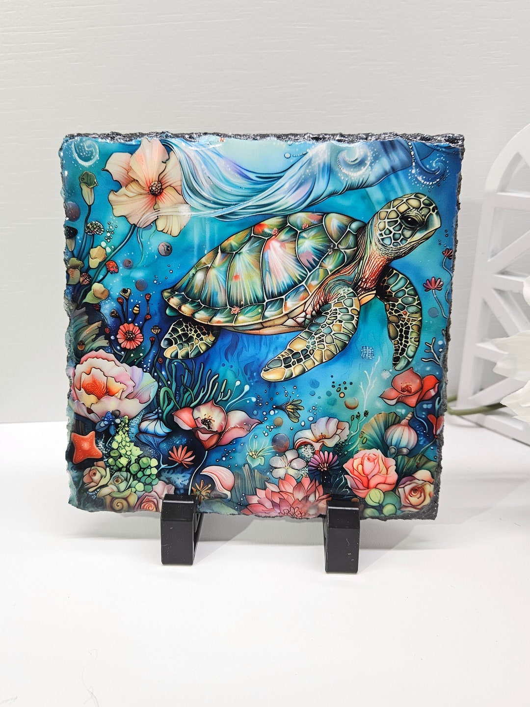 Sea Turtle Photo Rock Slate With Stand, Under Water Turtle, Decor for ...