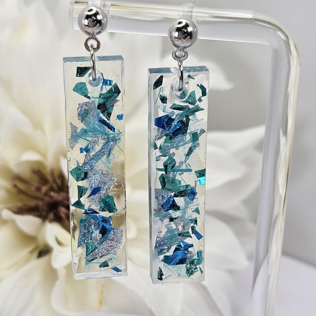 Blue Teal Resin Earrings: Iridescent Silver Flake Studs - Etsy